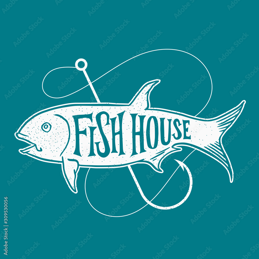 Fish house logo badge lettering typography text on big tuna fish with ...