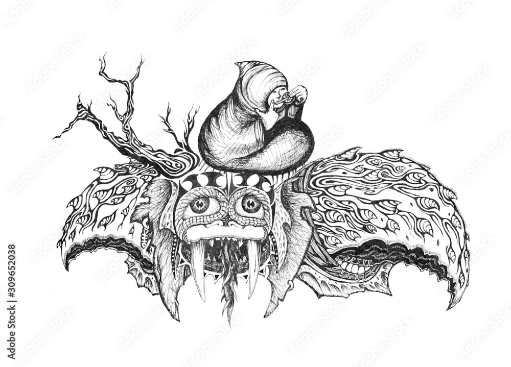 Fantastic ink drawing of a turtle like creature with tusks and kind ...