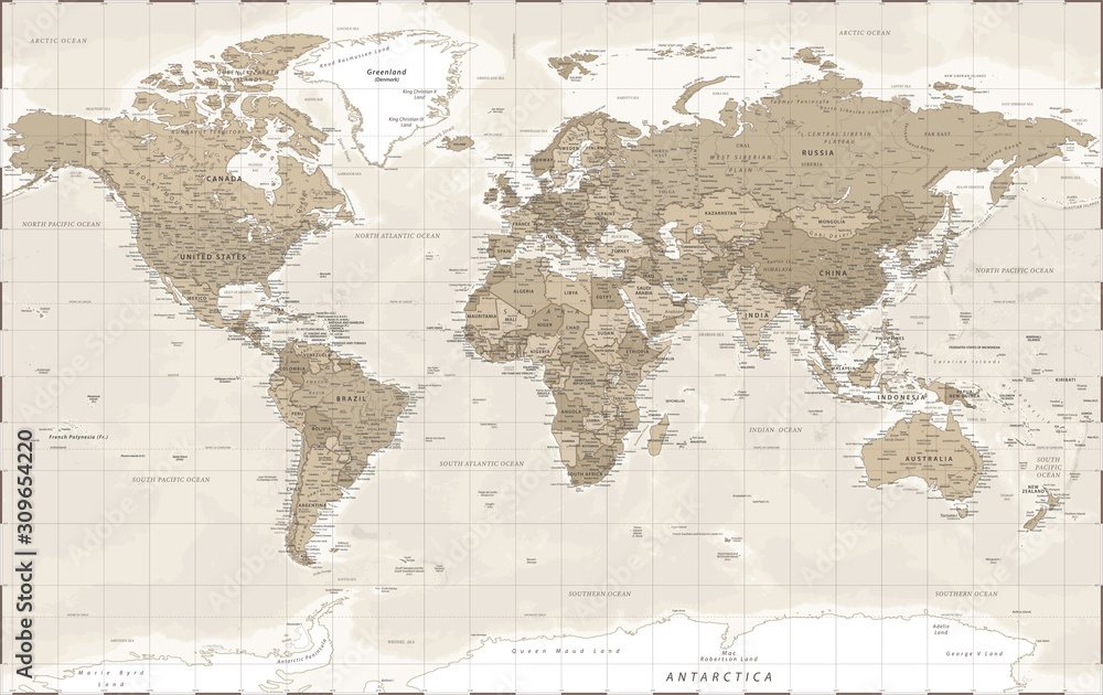 World Map - Vintage Retro Old Style - Vector Detailed Illustration ...