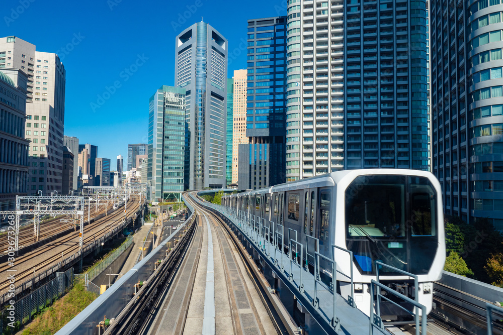 Japan. Tokyo. Train in downtown Tokyo. Public transport in Japan ...