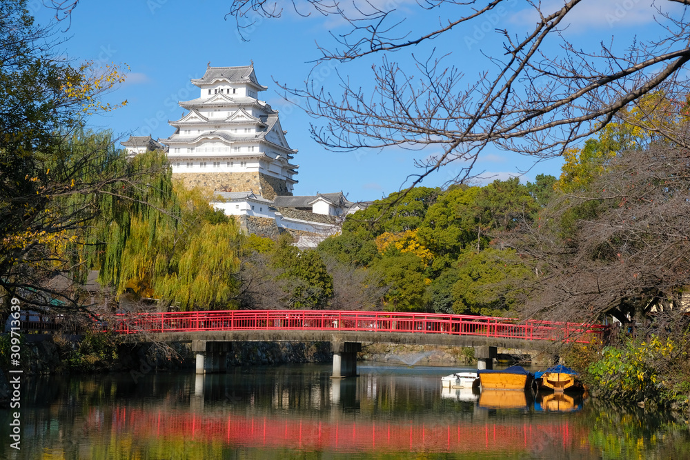 The Himeji castle with red bridge at front, an UNESCO World Heritage ...