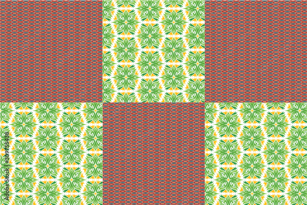 Red flower pattern and green Thai pattern, white background Eclectic ...