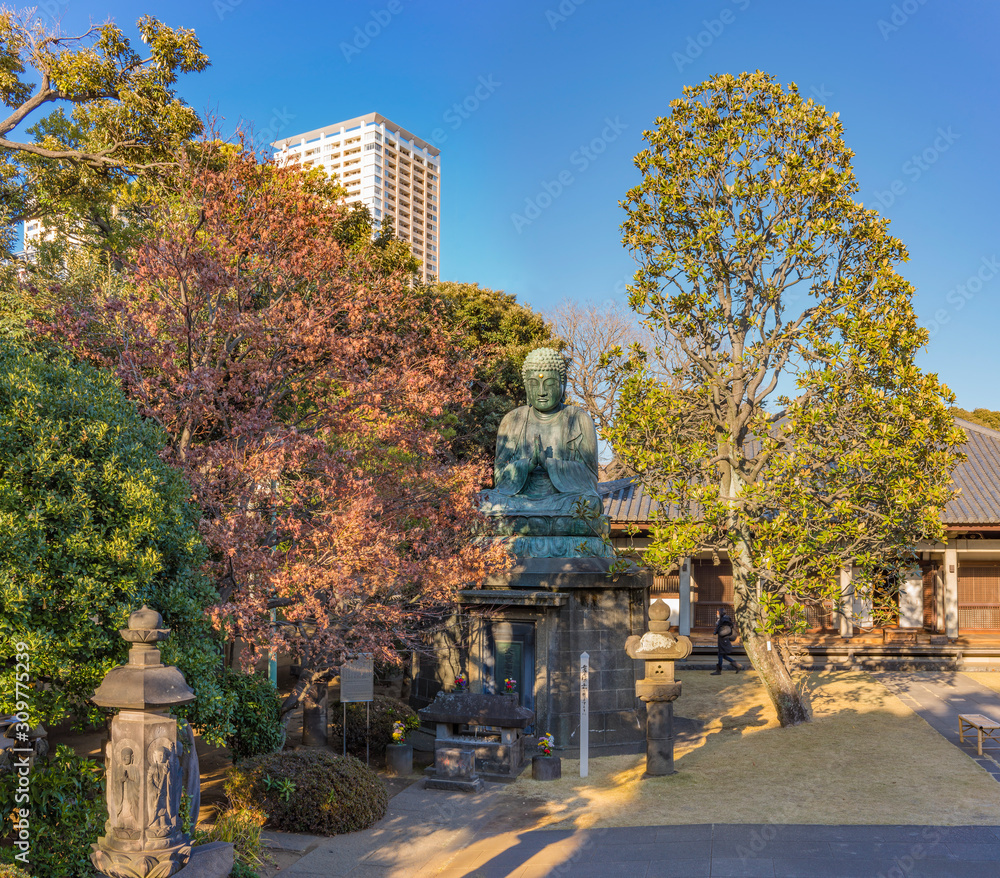 Giant bronze statue depicting the Buddha Shaka Nyorai in the Tendai ...