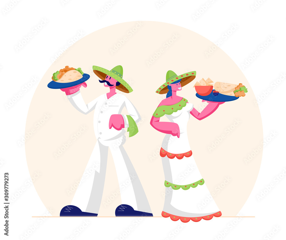 Traditional Mexican Food Concept. Man and Woman Wearing Sombrero and ...