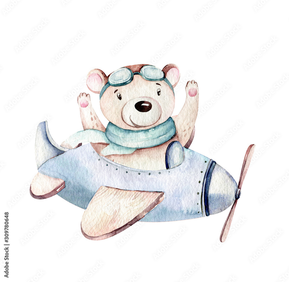 Watercolor set baby cartoon cute pilot aviation background illustration ...