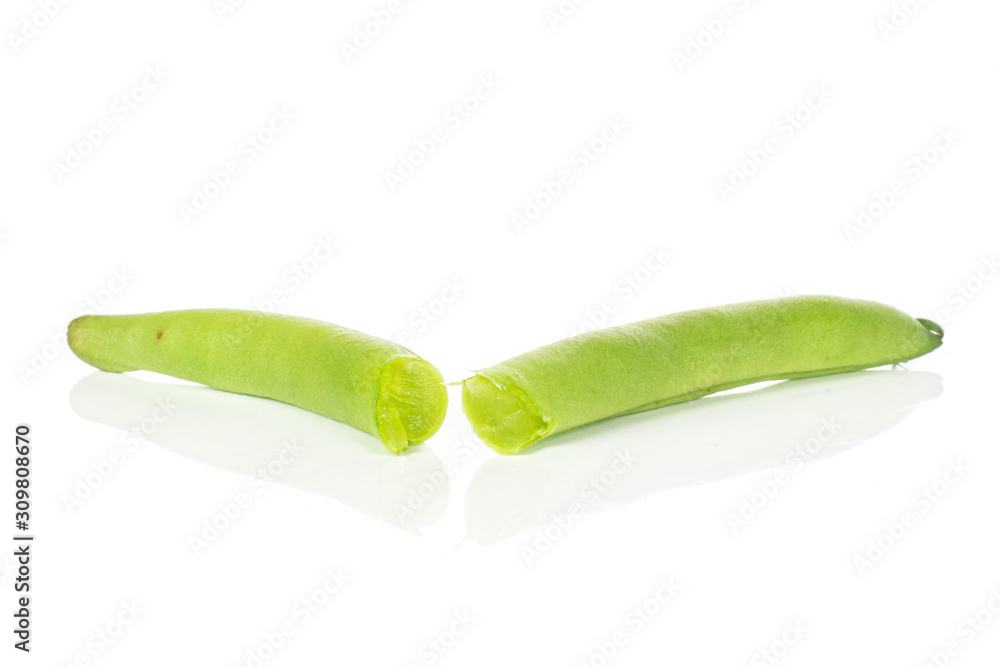 Group of two halves of bright snap green bean isolated on white ...