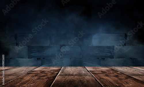 Wooden table, empty room with concrete walls. Empty studio scene. Stock ...