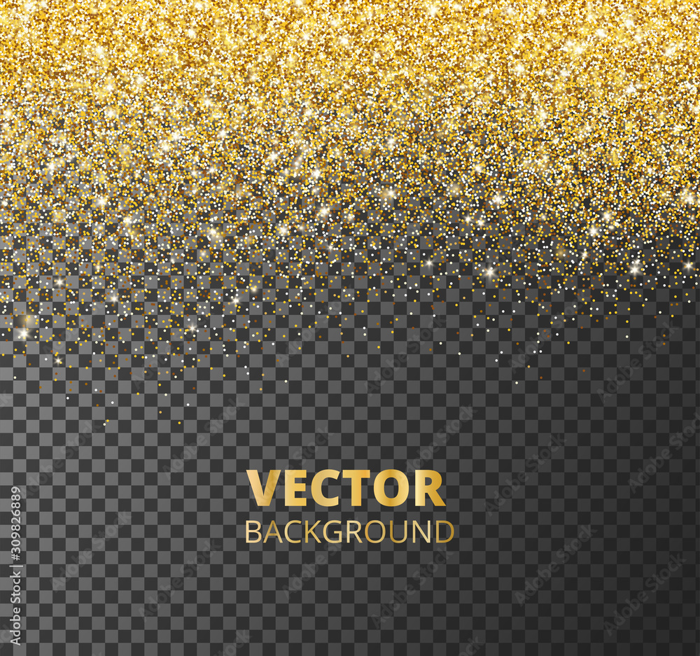 Sparkling glitter border, frame. Falling golden dust isolated on transparent background. Vector ...