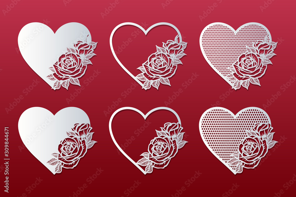 Laser cut hearts set with pattern of roses. Templates for interior ...