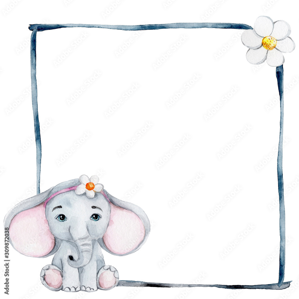 Cute little elephant and black watercolor frame; watercolor hand draw ...