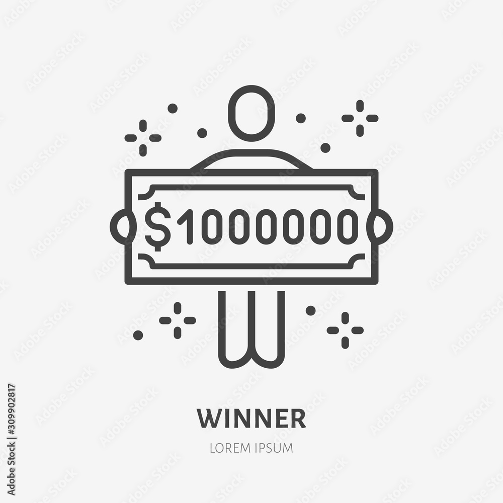 Lottery winner holding one million dollar check line icon, vector ...