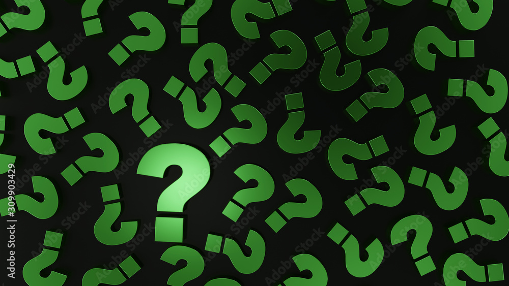 Green question mark on black reflective background marks. 3d ...