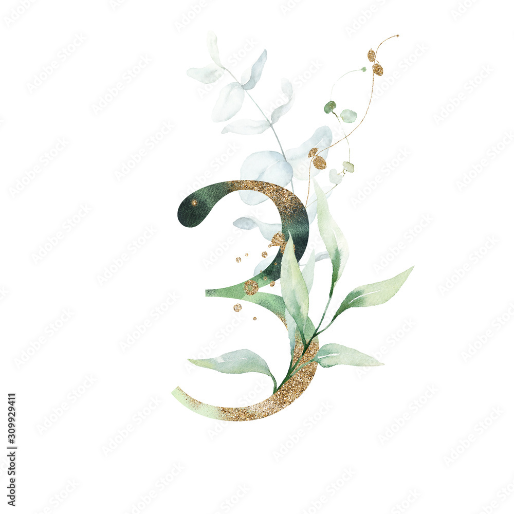Gold Floral Numbers - digit 3 with gold and green botanic branch leaf ...