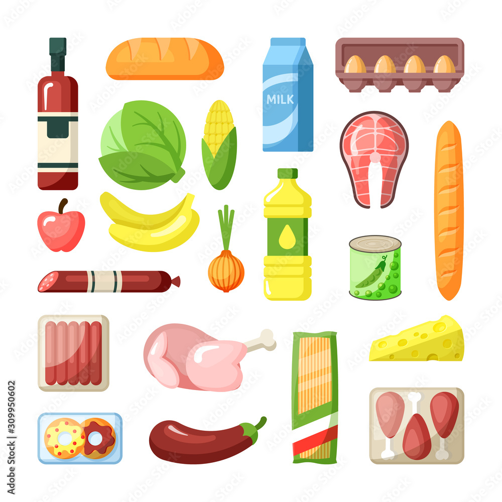 Common supermarket grocery products flat vector illustration set Stock ...