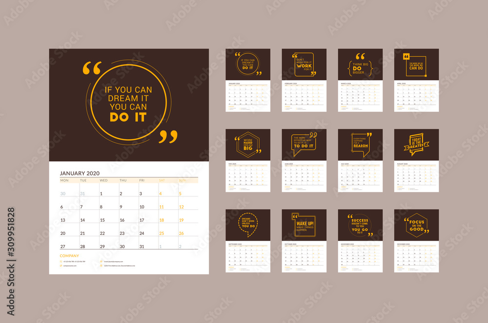 Wall calendar planner template for 2020. Vector design print template ...
