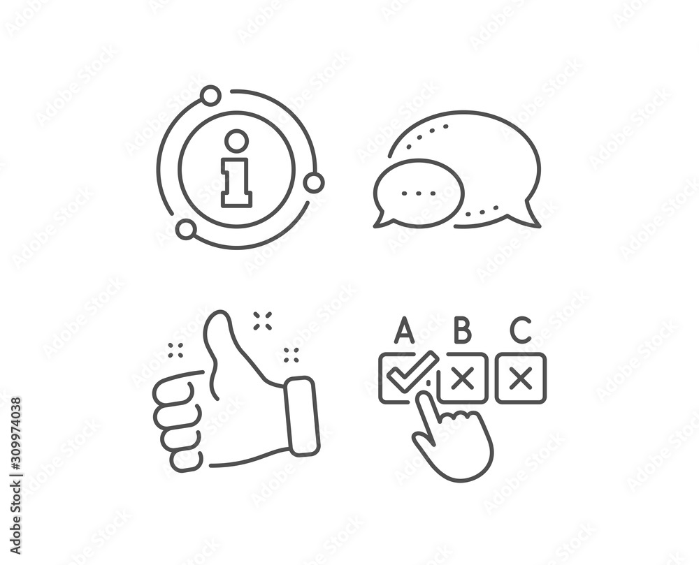 Correct checkbox line icon. Chat bubble, info sign elements. Select ...