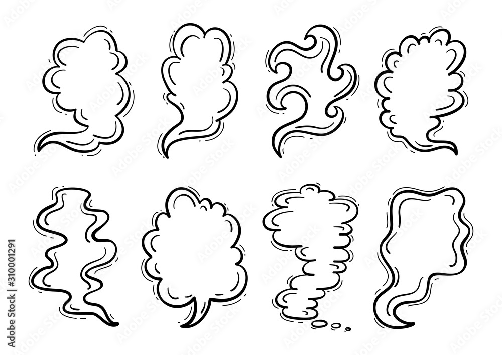 Steam Clouds Silhouette Vector Set. Hand drawn Doodle Sketch Smoke ...