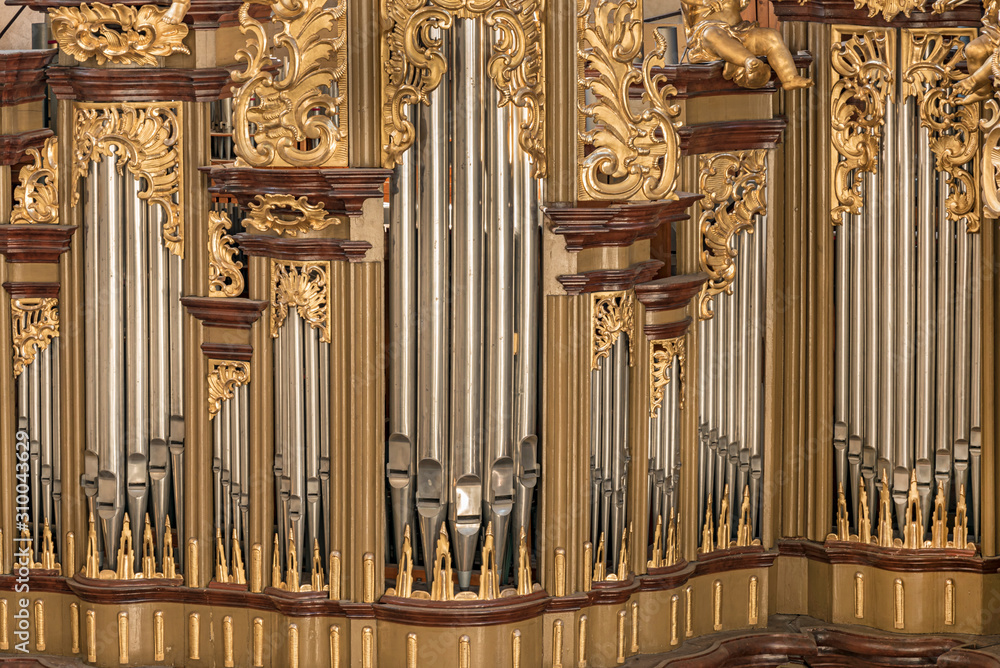 Church pipe-organ in the St. Barbara Cathedral, Czech Republic An ...
