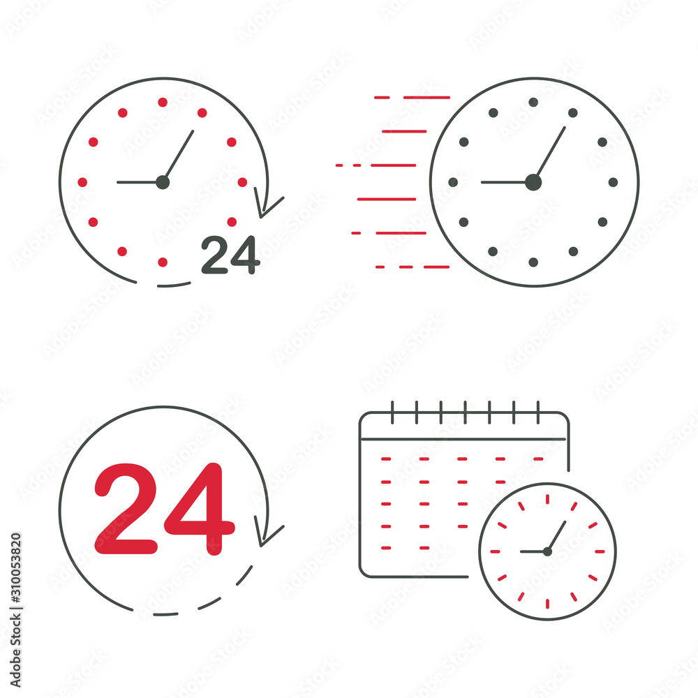 Vector de Stock Clock and time counting line icons. 24 hour clock, time ...