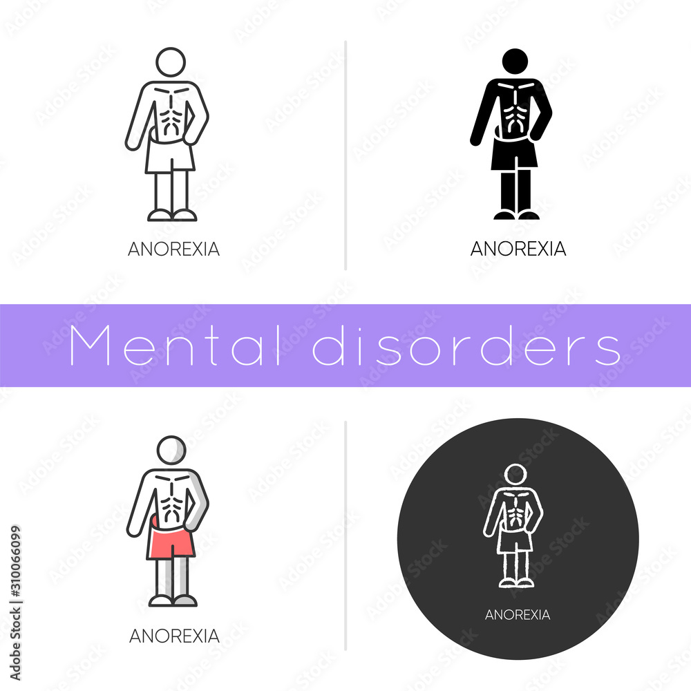 Anorexia icon. Eating disorder. Underweight body mass. Anxiety and depression. Slim person ...