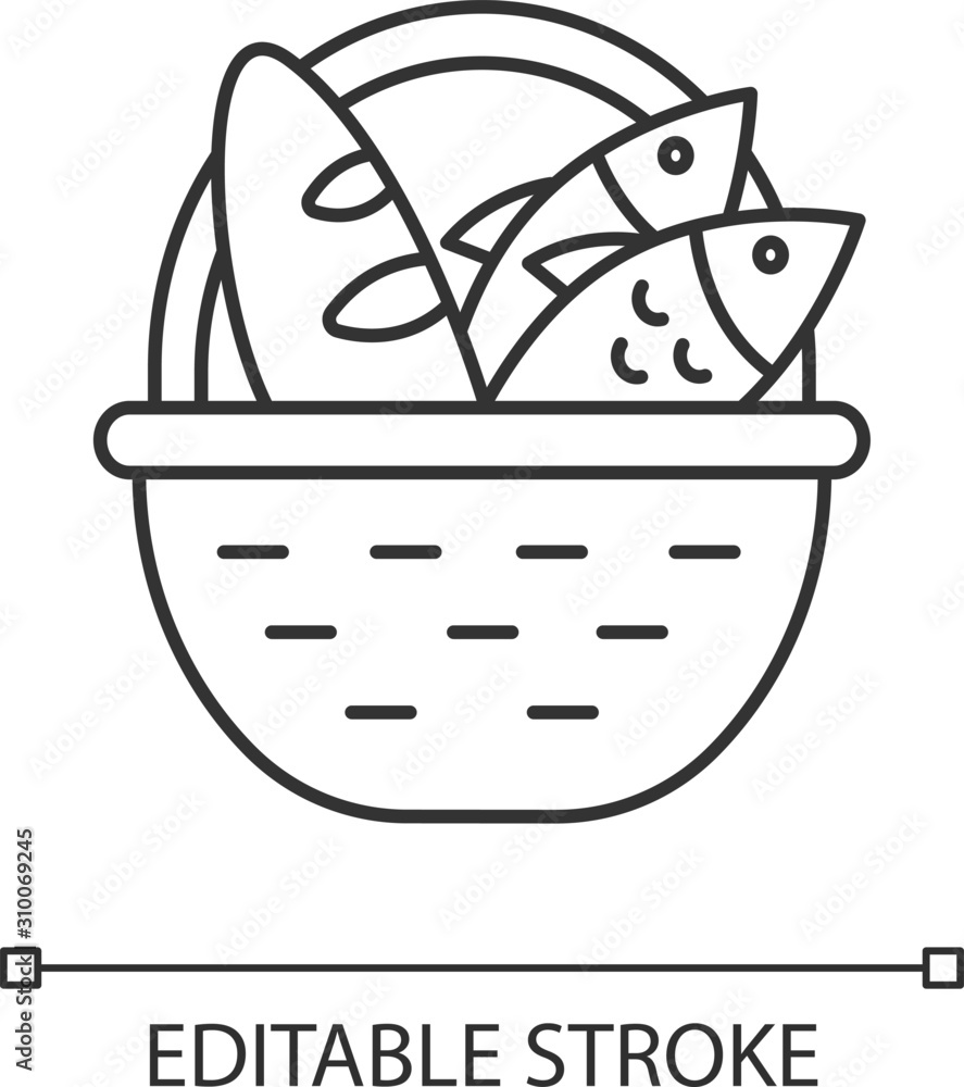 Vector de Stock Bread and fish in basket linear icon. Feeding the ...
