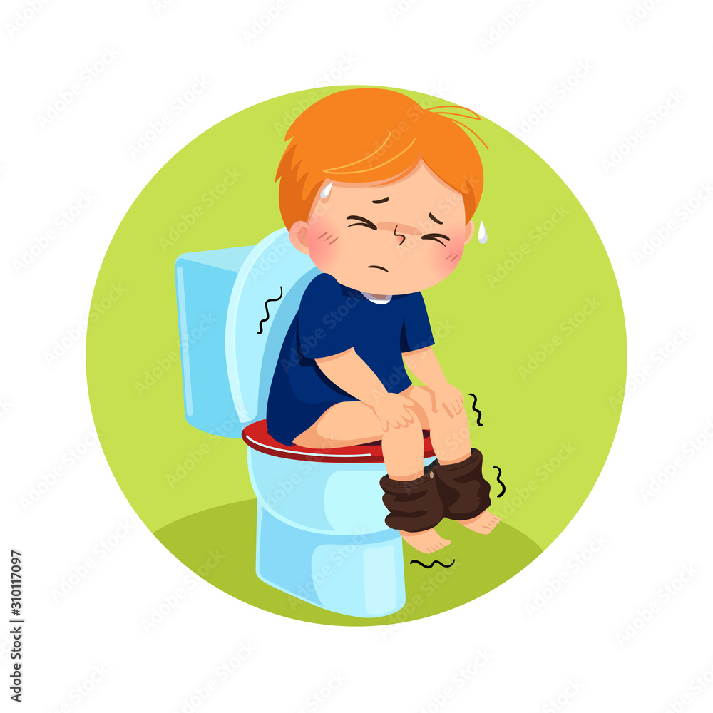 Vector illustration of cartoon boy sitting on the toilet and suffering ...