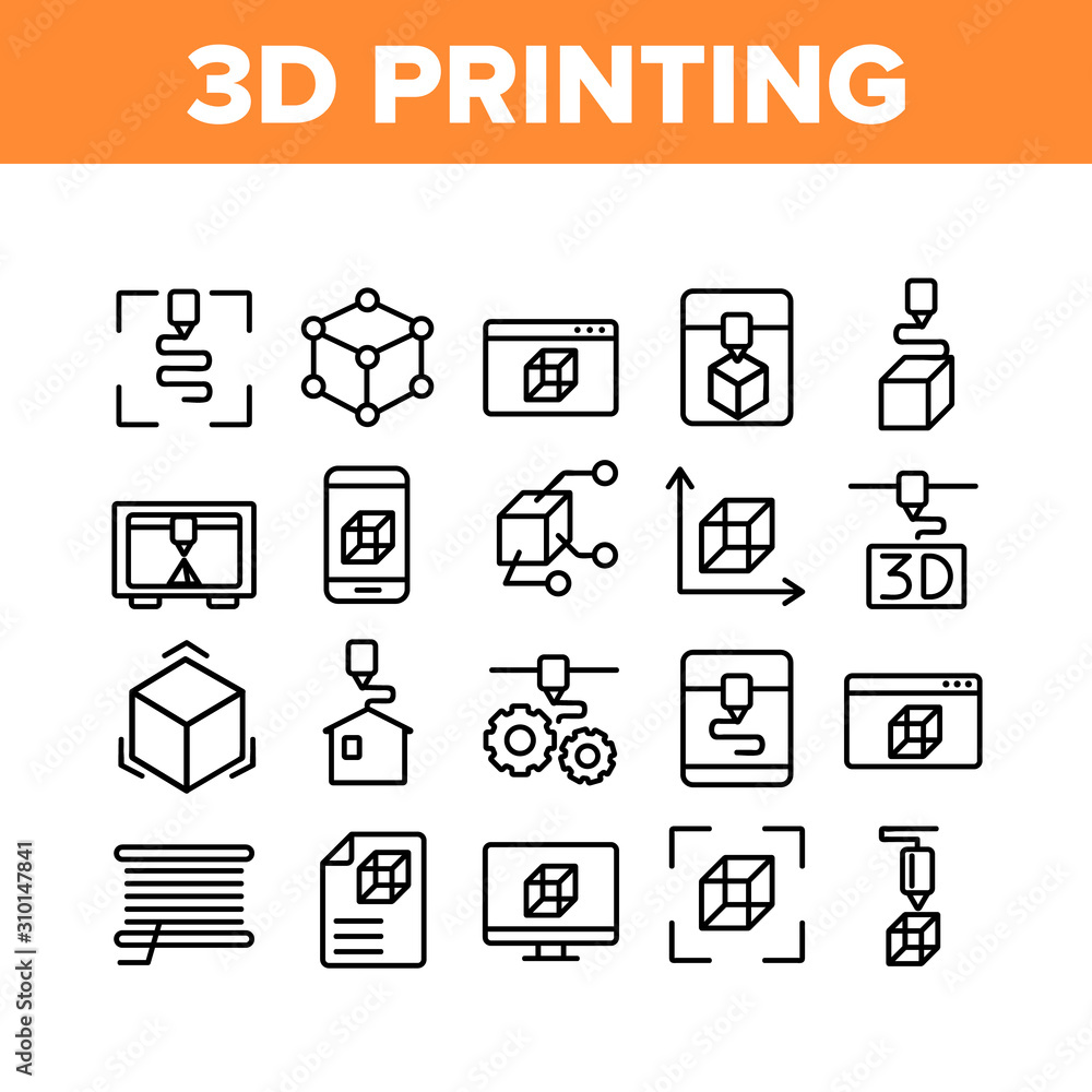 Vector de Stock 3d Printing Processing Collection Icons Set Vector Thin ...