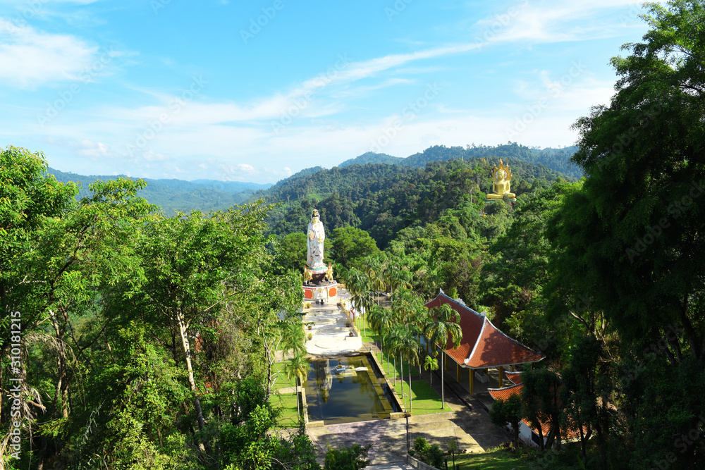 panorama view to Wat Bang Riang temple in the jungle of Phang Nga ...