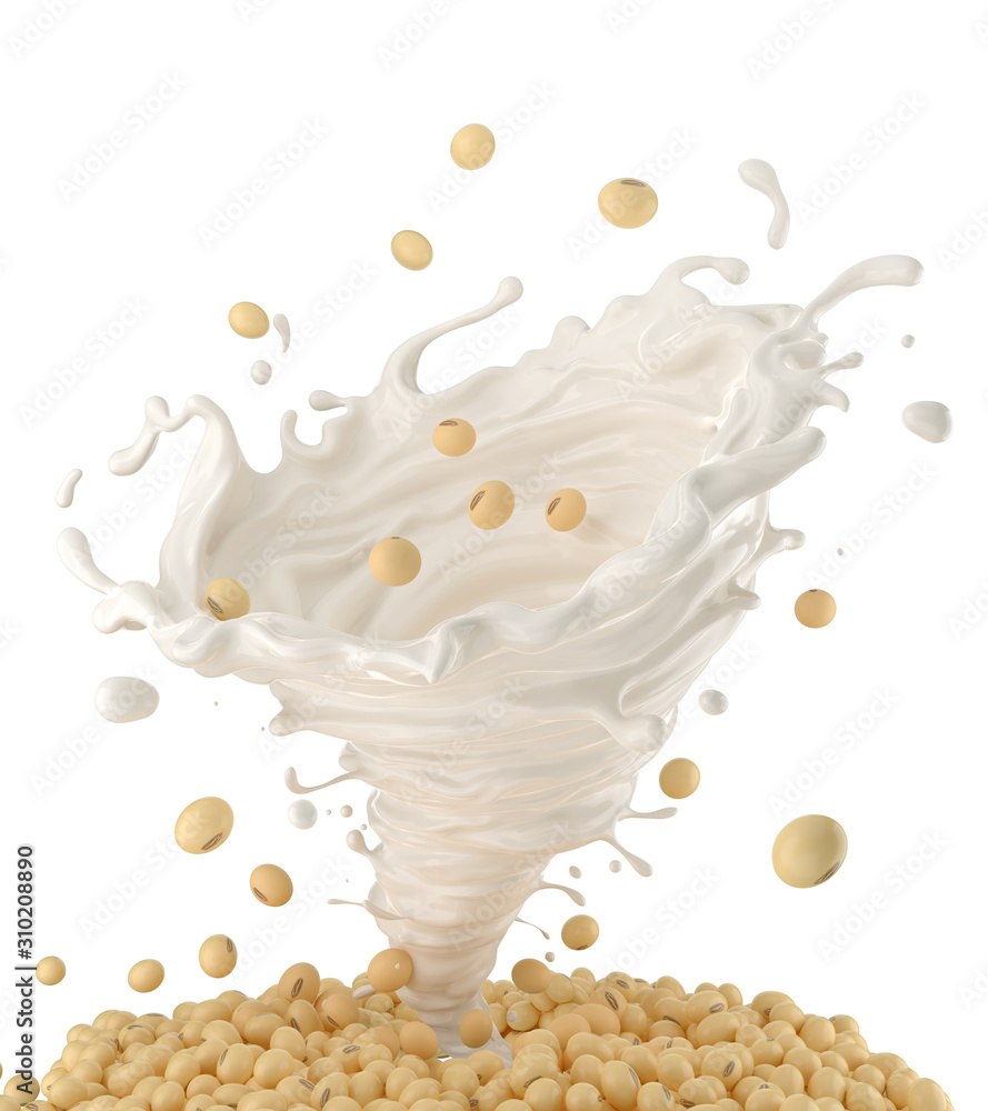 Soy milk pouring and splash with tornado shape into soy beans background, 3d rendering. Stock ...