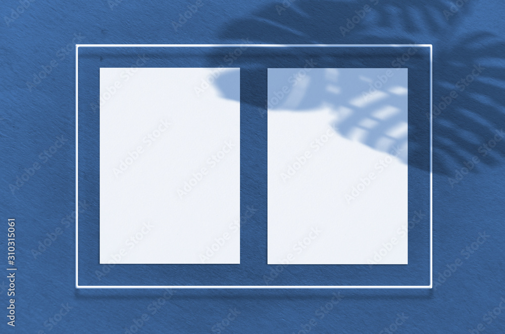 Mockup poster in a neon frame with glow. Scene with tropical overlay ...