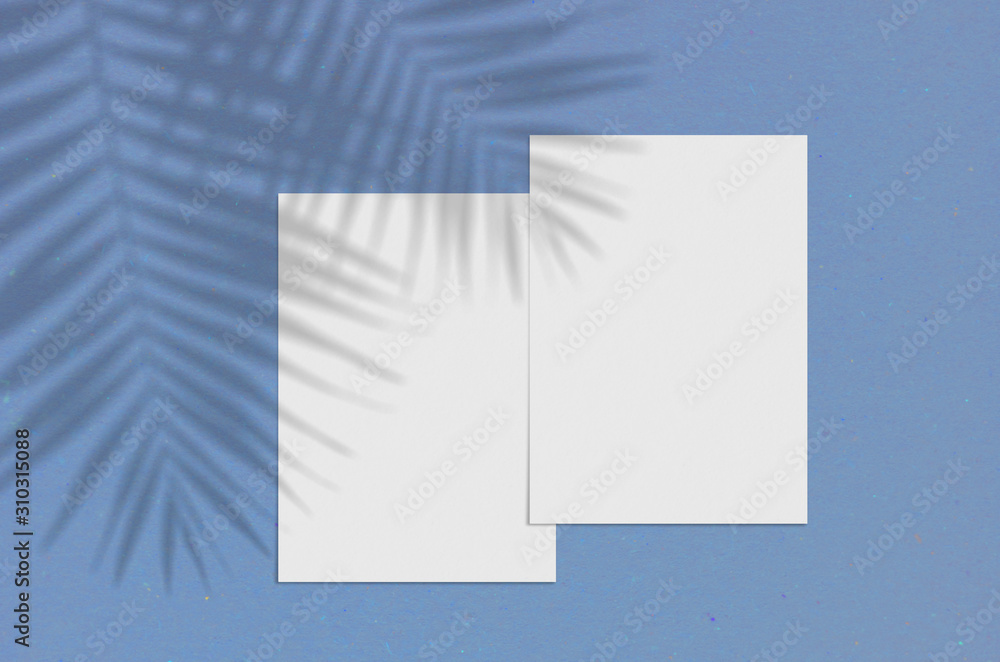 Blank white vertical paper sheet 5x7 inches with palm shadow overlay ...