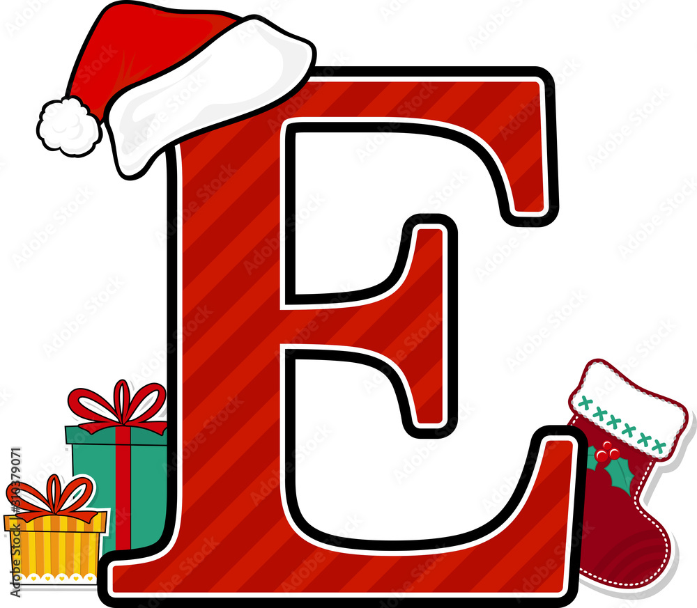 capital letter e with red santa's hat and christmas design elements ...