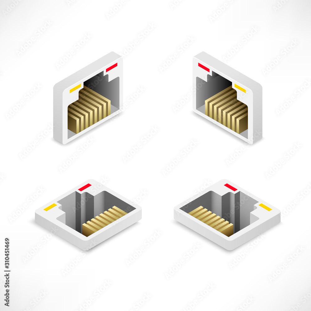 Isometric Ethernet port set isolated on white background. Network ...