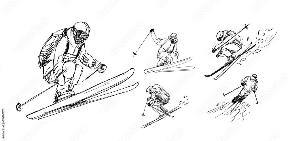 Sketches of skiers. Outline with transparent background. Hand drawn ...