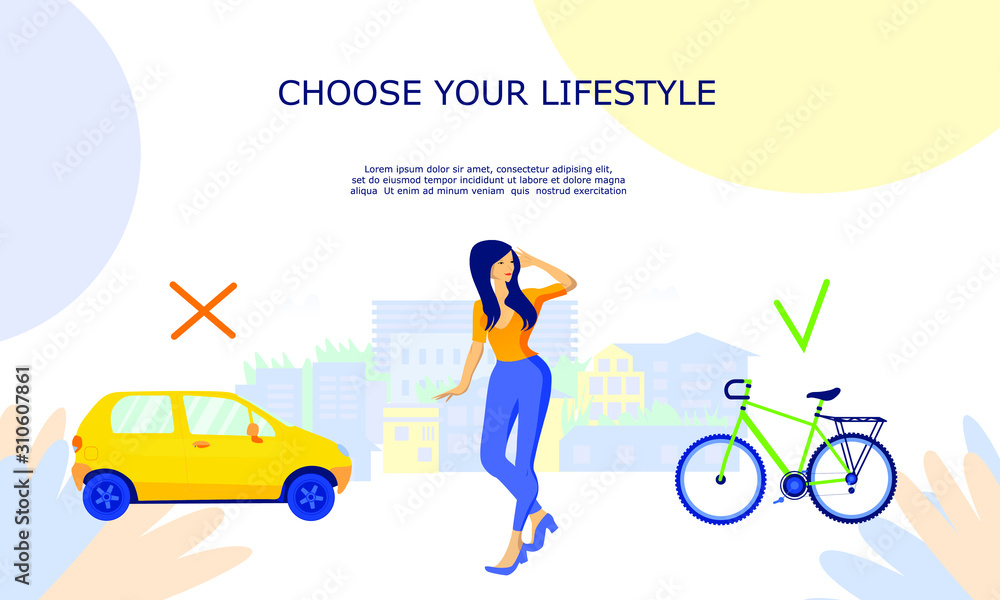 Vector Illustration of woman prefering driving bicycle to car. Girl ...