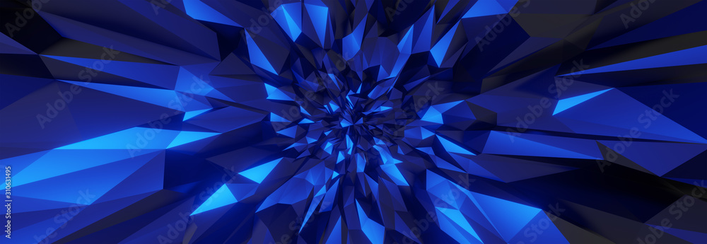 3d ILLUSTRATION, of blue abstract crystal background, triangular ...