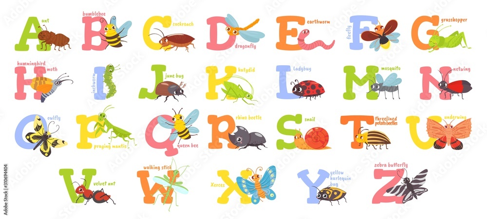 Cartoon insects alphabet. Funny bug letters, comic insect abc for kids ...