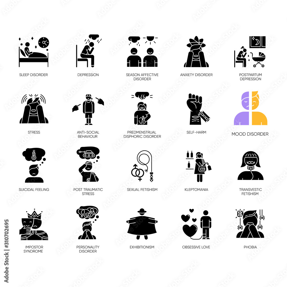 Mental disorder glyph icons set. Depression and anxiety. Self-harm ...