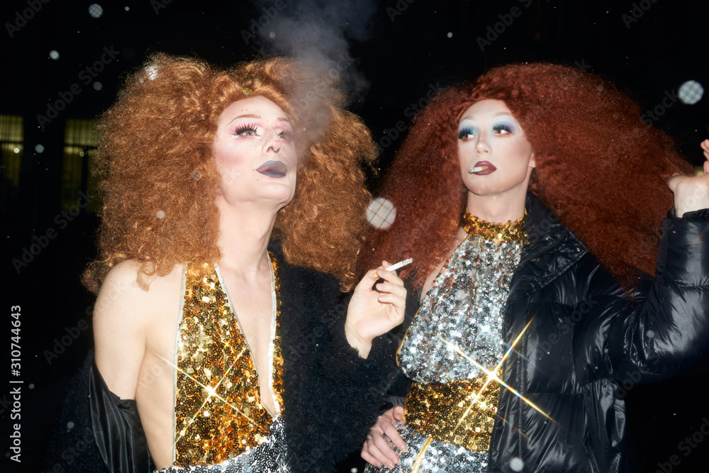 Shiny Drag Queens Posing Smoking Cigarettes Stock Photo | Adobe Stock
