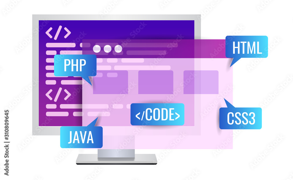 Website development, program code. Icon Personal computer with program ...