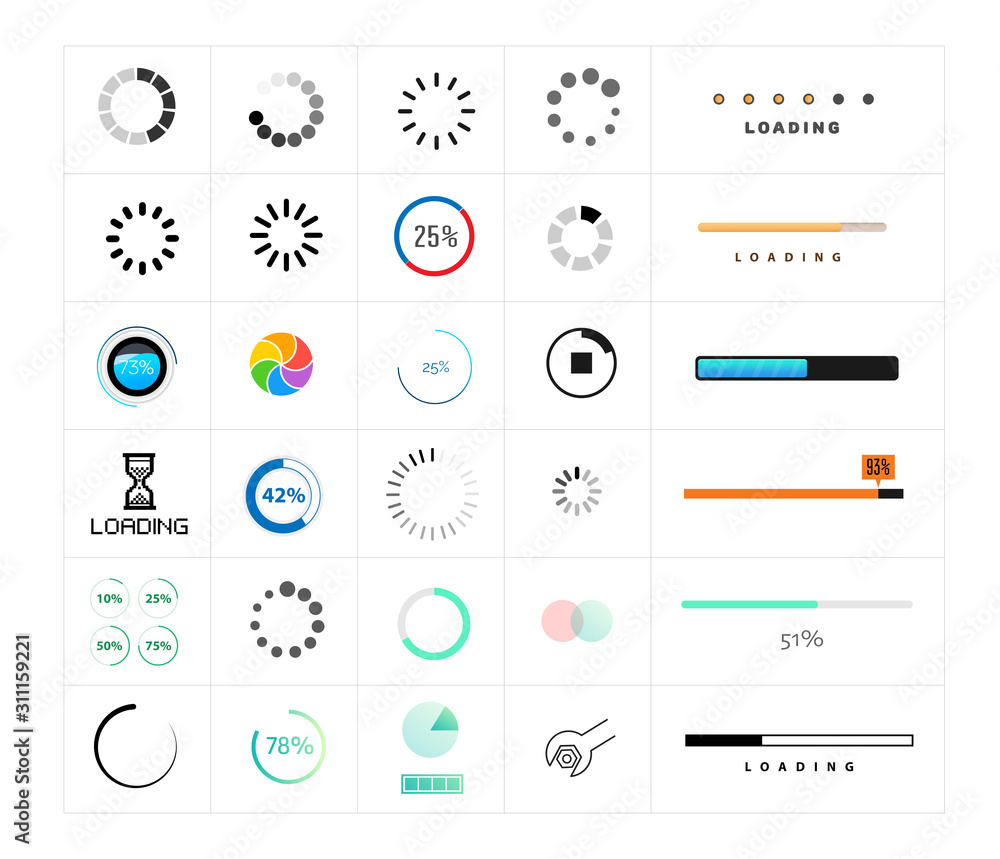 Vektor Preloaders and progress bar. Web preloader. Round progress bar. Set of loading elements ...