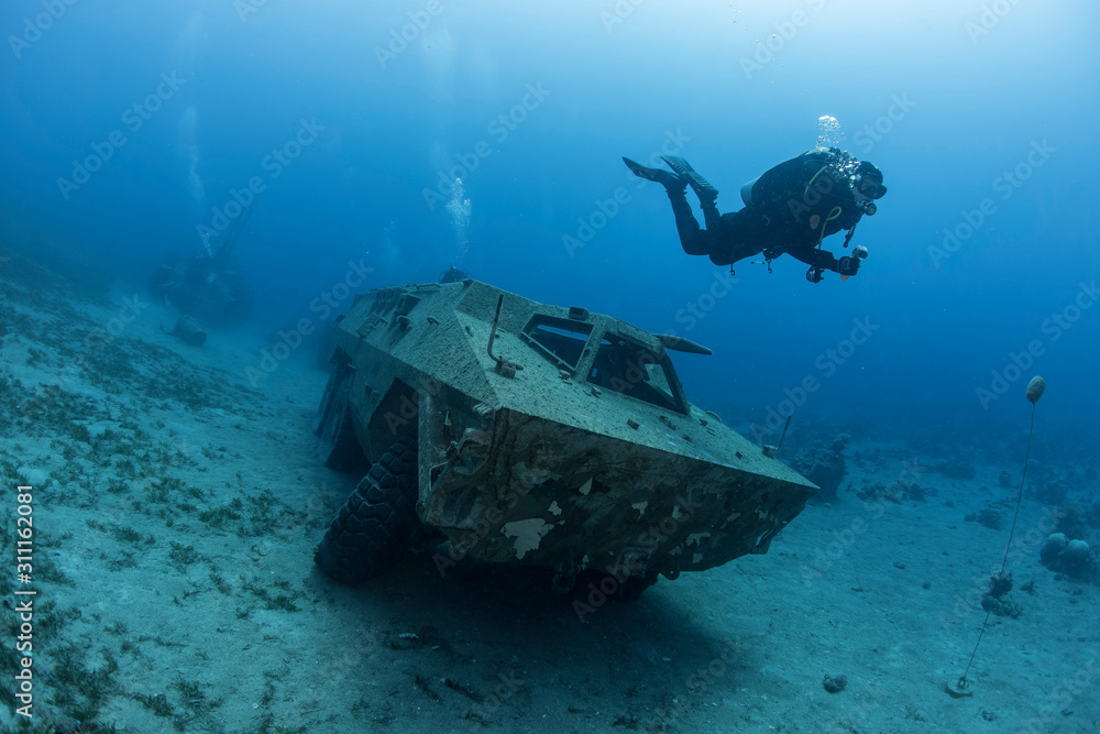 Diving in Jordan in Aqaba, where under water there are armored vehicles ...