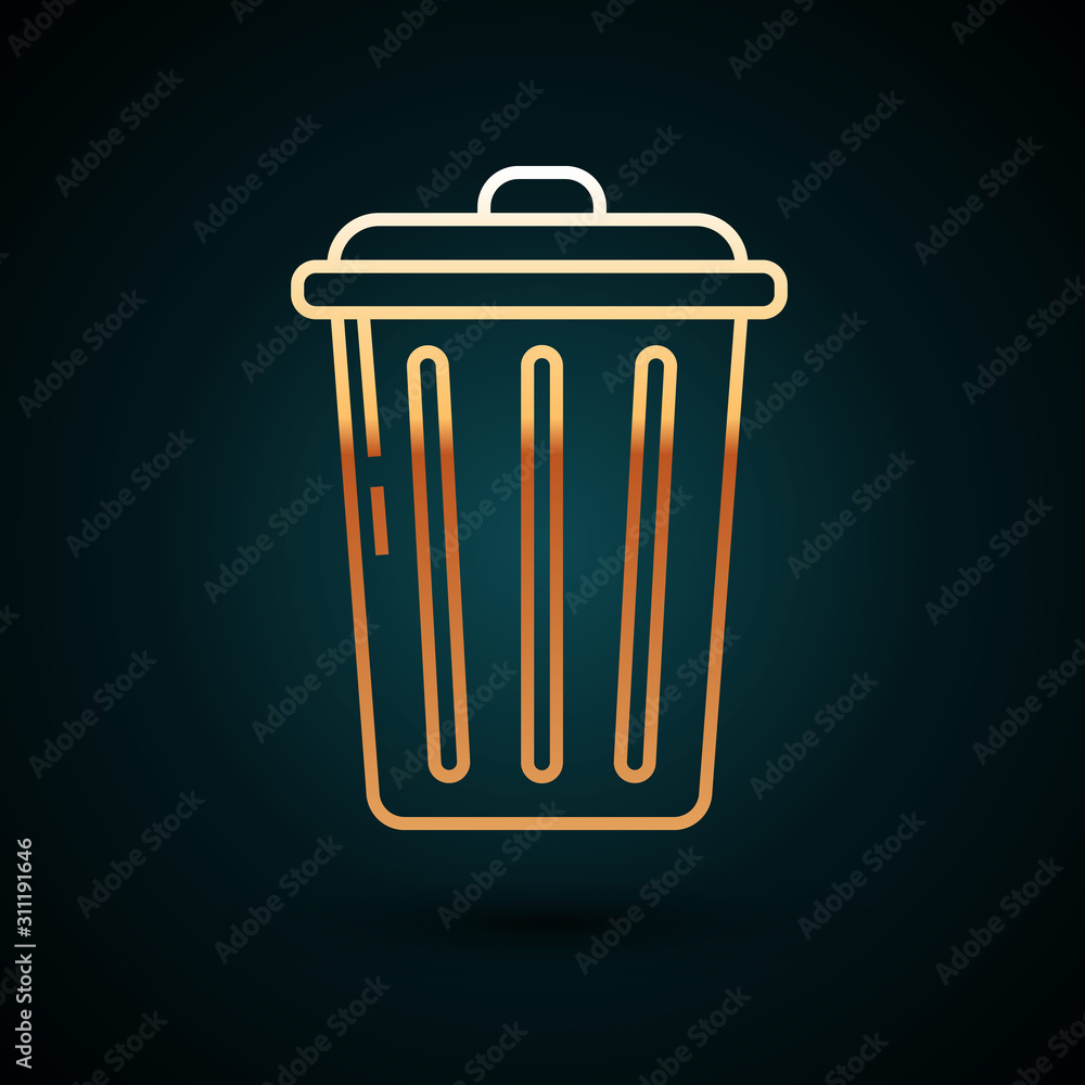 Gold line Trash can icon isolated on dark blue background. Garbage bin ... Gold line Trash can icon isolated on dark blue background. Garbage bin ...
