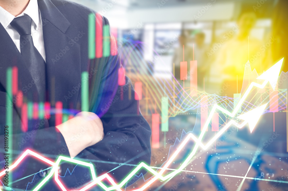 Stock market digital graph chart on LED display concept. A large ...