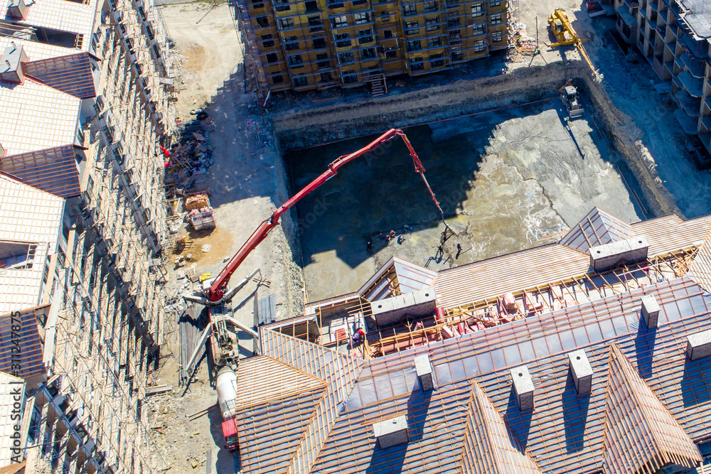 Construction of a multi-storey residential complex. Aerial view ...