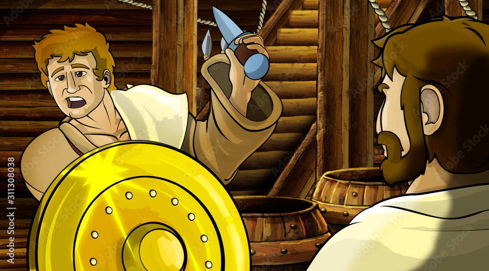 cartoon scene with roman or greek ancient character inside wooden ship ...