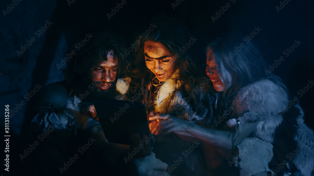 Tribe of Prehistoric, Primitive Hunter-Gatherers Wearing Animal Skins ...