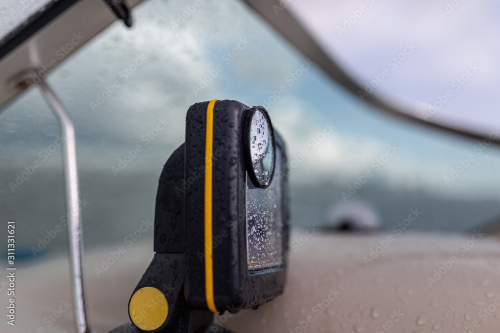 Gps navigation system in raindrops for swimming in the sea located on ...