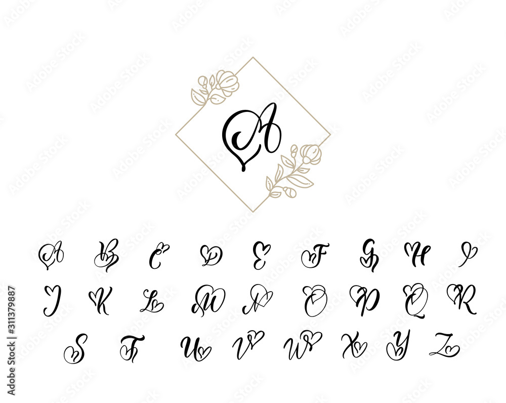 Handwritten heart calligraphy monogram alphabet. Valentine Cursive font ...