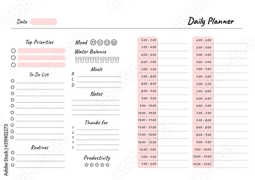Daily planner printable template Vector. Blank white notebook page A4 ...